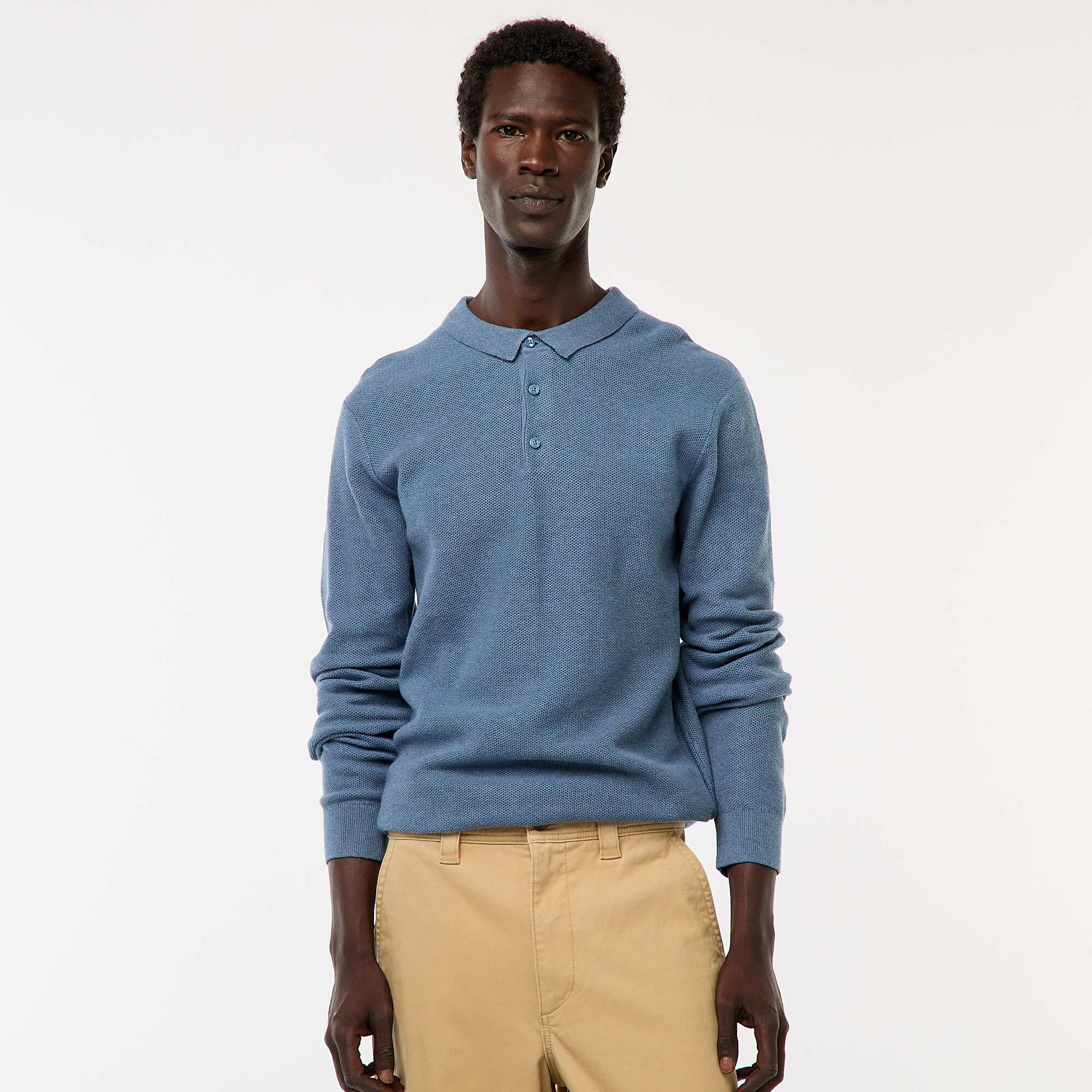 Fancy knit fabric polo shirt with long sleeves BLUE – Kiabi