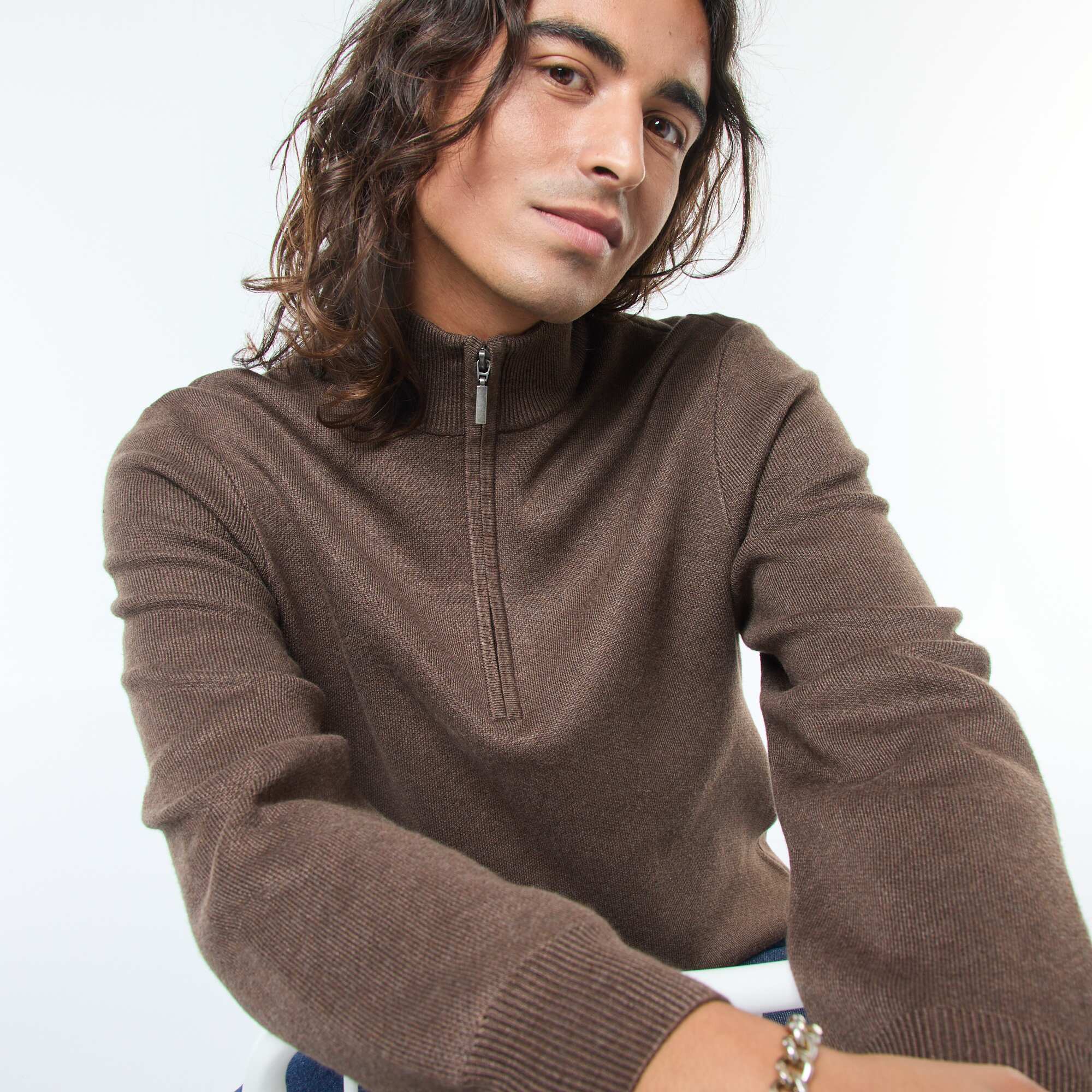Zip-up high neck knitted sweater BROWN – Kiabi