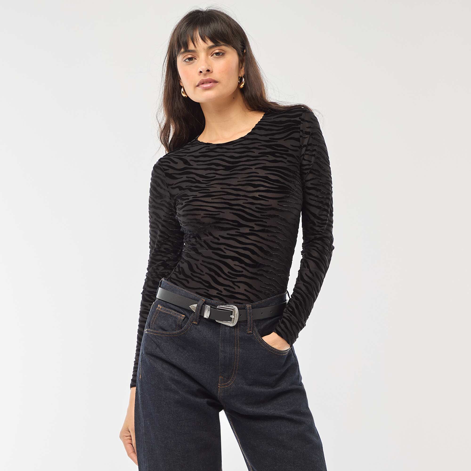 Zebra Flock Sheer Long Sleeve Bodysuit BLACK – Kiabi